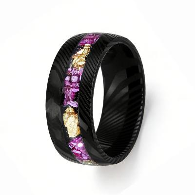 China 8mm Black Damascus Steel Ring with Amethyst and Gold Leaf Inlay Unisex Wedding Band for sale