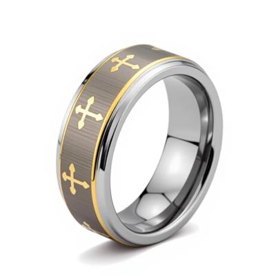 China Wholesale Silver Plated Tungsten Carbide Ring 8mm Laser Crosses Engraved Channel Setting Inlay Men Wedding Band for sale