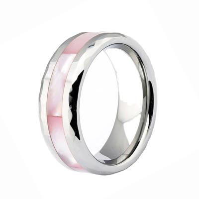 China 8mm Silver Plated Tungsten Carbide Ring with Pink Shell Inlay Unisex Wedding Band for sale