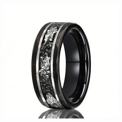 China 8mm Black Tungsten Wedding Band with Crushed Meteorite and Silver Leaf Inlay Unisex for sale