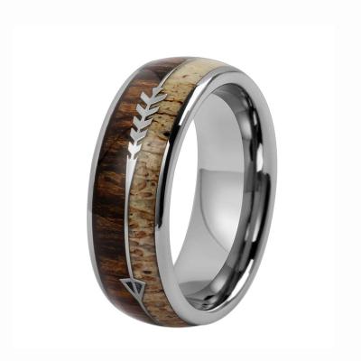 China Men's Tungsten Ring with Deer Antler Koa Wood Inlay Silver Arrow Design 8mm Wedding Band for sale