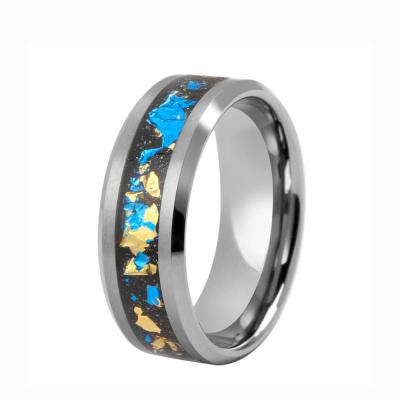 China Custom Beveled Edges Tungsten Ring with Gold Foil Leaf Laser Engraving Sandstone Inlay Men Wedding Band 8mm for sale
