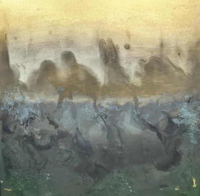 China Cyan Gold Gradient Matte Antique Patina Solid Copper Panel for sale