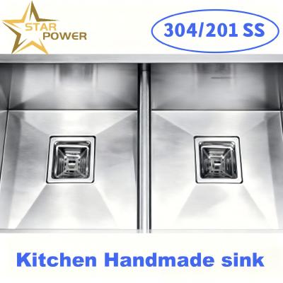 China Handmade 304 Stainless Steel Double Bowl Kitchen Sink with Soundproof Design for sale