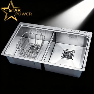 China Original Brushed Finish Handmade Double Bowl Sink in 304 Stainless Steel for Modern Kitchens for sale
