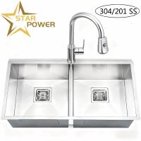China STAR POWER Brushed 304 Stainless Steel Handmade Kitchen Sink with Double-Bowl Design and Pull-Out Faucet for sale