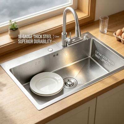 China Brushed SUS304 Stainless Steel Single Bowl Kitchen Sink Undermount Design 700mm 200mm Deep Basin for sale