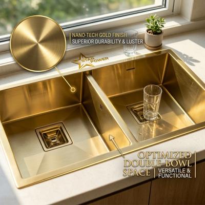 China Gold-Toned Food-Grade 304 Stainless Steel Main Auxiliary Bowl Kitchen Sink Flush-Mount 900mm 250mm Deep Basin for sale