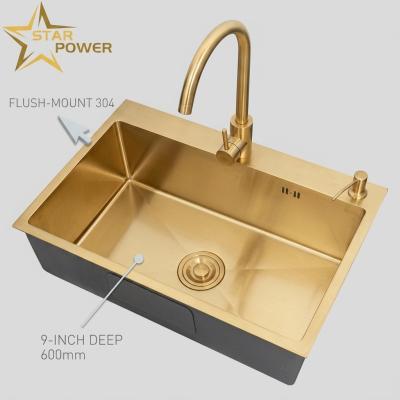 China 304 Stainless Steel Kitchen Sink with Gold-Toned Finish and Flush-Mount Design for sale