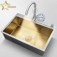 China Food-Grade 304 SS Main & Auxiliary Bowl Kitchen Sink Gold-Toned Flush-Mount 900mm 250mm Deep Basin for sale