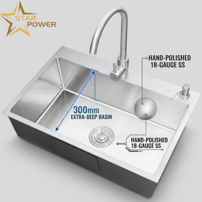 China 18-Gauge 304 SS Hand-Polished Double Bowl Kitchen Sink with 300mm Extra-Deep Basin for sale