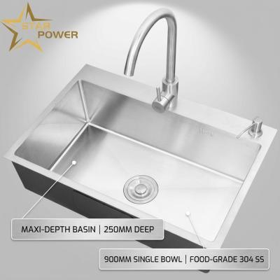 China Undermount Kitchen Sink Food-Grade 304 SS Single Bowl Kitchen Sink Chrome Plated Undermount 900mm 250mm Deep Basin | Custom Basin Depth Available | Custom Steel Gauge Available for sale