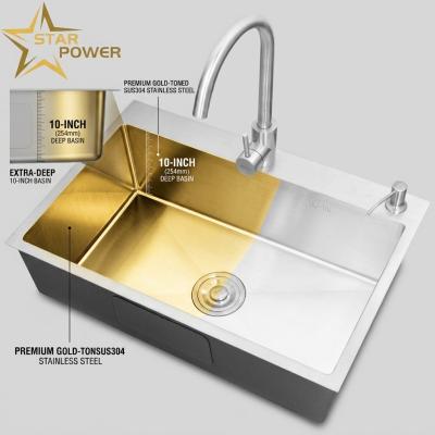 China Flush Mount / Inset Kitchen Sink SUS304 Stainless Steel Main & Auxiliary Bowl Kitchen Sink Gold-Toned Flush-Mount 700mm 10-Inch Extra-Deep Basin | Custom Basin Depth Available | Custom Steel Gauge Available for sale