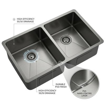 China PVD Gunmetal 304 Stainless Steel Undermount Kitchen Sink, Double Basin 50/50, Sound Dampening Rubber Pads Coated for sale