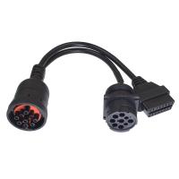 China Custom 16pin OBD2 Interface to Type 1 Black J1939 9pin Male and Deutsch J1939 9pin Female Heavy Duty Truck Diagnose Y Cable for sale