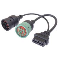 China Type 2 Green J1939 9pin Heavy-duty Truck OBD Adapter Diagnostic Tool J1708 6-pin Connector to OBD 2 16-pin Y Cable 800g 1500 for sale