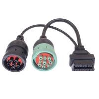 China Type 2 Green J1939 9pin Heavy-duty Truck OBD Adapter Diagnostic Tool J1708 6-pin Connector to OBD 2 16-pin Y Cable 800g 1500 for sale