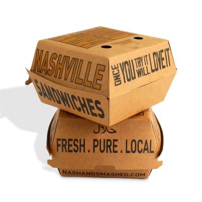 China Custom Hamburger Box PE Laminated Kraft Paper 250-350gsm Oil Resistant Food Takeaway Packaging 6x6x3 Inch for sale