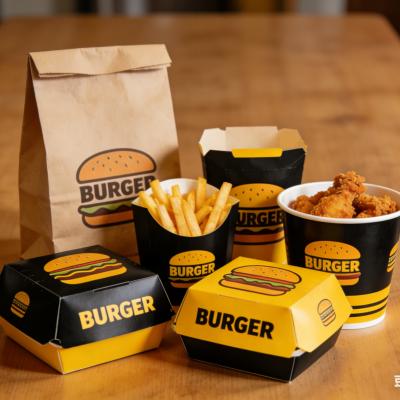 China Custom Fast Food Packaging Box Set 230-350gsm Kraft Paper Burger Fry Chicken Bucket Containers for sale