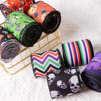 China MSD 2.5 Inch Wired Edge Burlap Ribbon Halloween Pattern Ribbon for Holiday Decorate for sale