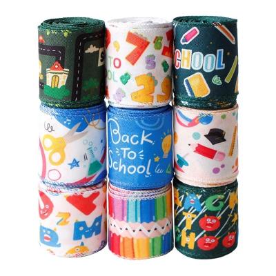 China Jute/Polyester Wired Burlap Ribbon for School Season Blue Pot and Rainbow Print Design for sale