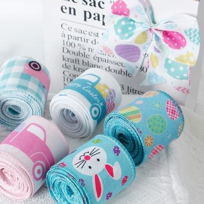 China Printed Colored Egg Happy Easter MSD OEM White Ribbon Wired Edge Easter Burlap Ribbon for sale