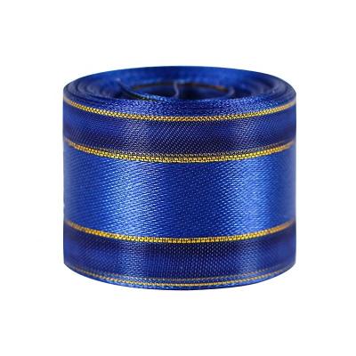 China 25mm Dark Blue Organza Satin Ribbon With Gold Edge Roll For Decoration OEM ODM Service for sale