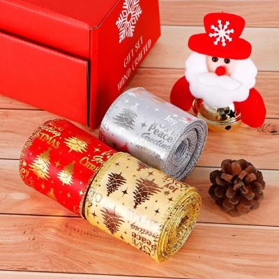 China MSD Ribbon Holiday Decoration Wire Edge Satin Ribbon With Gold Christmas Pattern for sale