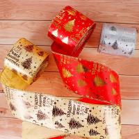 China MSD Ribbon Holiday Decoration Wire Edge Satin Ribbon With Gold Christmas Pattern for sale
