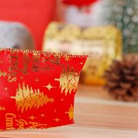 China MSD Ribbon Holiday Decoration Wire Edge Satin Ribbon With Gold Christmas Pattern for sale