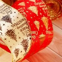 China MSD Ribbon Holiday Decoration Wire Edge Satin Ribbon With Gold Christmas Pattern for sale