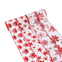 China 2 1/2‘’ Width MSD Christmas Decors And Patterns Printed On White Wired Edge Burlap Ribbon for sale