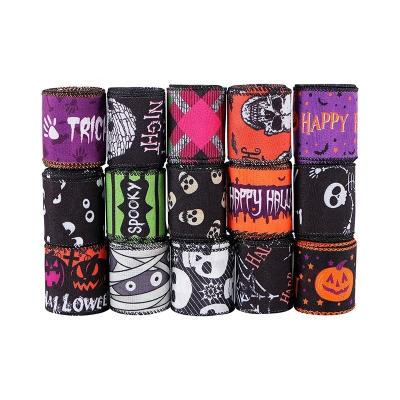 China 2.5 inch Halloween Wire Edged Burlap Ribbons Width 2 1/2'' Funny Pattern For Wrapping for sale