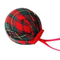 China Christmas Decorative Burlap Ribbon Ball with Red Lanyard and Colorful Pattern Design for sale