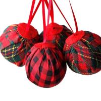 China Christmas Decorative Burlap Ribbon Ball with Red Lanyard and Colorful Pattern Design for sale