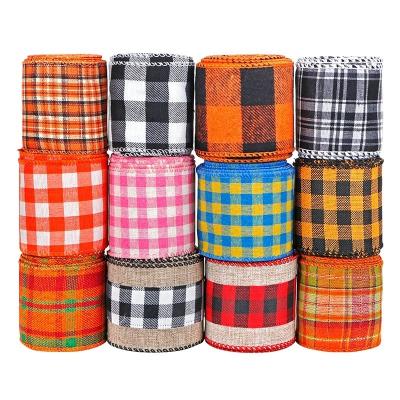 China Fabric Type Burlap Christmas Buffalo Plaid Wired Edge Ribbon Multi-Color Plaid Ribbon for sale
