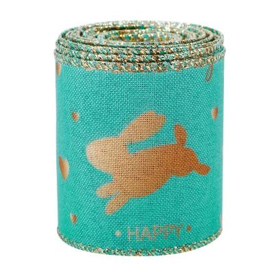China Easter Ribbon Bulk Ribbon Supply And MSD Green Printed With Wire Edge Burlap Ribbon for sale