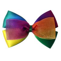 China Girls Christmas Hair Bow Accessories with Rainbow Satin Ribbon and Organza Material for sale