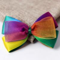 China Girls Christmas Hair Bow Accessories with Rainbow Satin Ribbon and Organza Material for sale