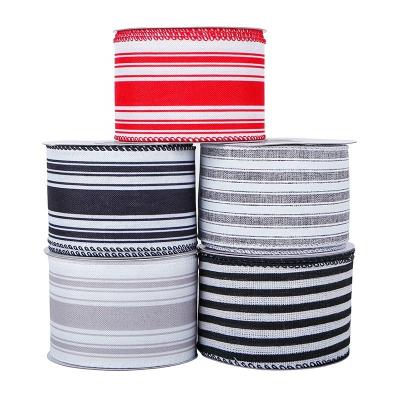 China DIY Craft Party Decoration 2.5 Inch Patriotic Striped Wired Ribbon with Burlap Fabric for sale