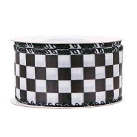 China 38mm Black and White Checkered Buffalo Plaid Wired Ribbon with Burlap Fabric Type Support Customized for sale