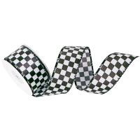 China 38mm Black and White Checkered Buffalo Plaid Wired Ribbon with Burlap Fabric Type Support Customized for sale