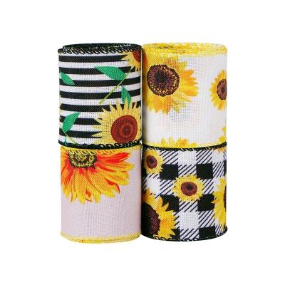 China High Tenacity Summer Wired Burlap Ribbon Yellow Sunflower Ribbons for MSD 2.5 Inches for sale
