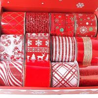 China 12pcs Christmas Ribbon Set Wired Edge Perfect for Outdoor Decoration 100% Polyester for sale