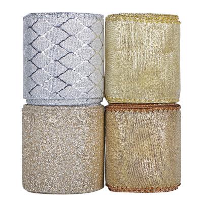 China Customized Support 63mm Wide Christmas Metallic Glitter Ribbon for Xmas Decorations for sale