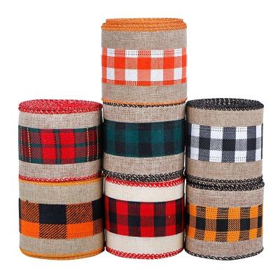 China 2.5 Inch Wired Edge Plaid Burlap Ribbon for Christmas Present Wrapping and Floral Bows for sale