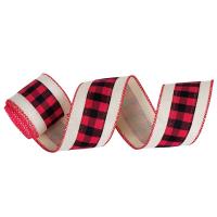 China 2.5 Inch Wired Edge Plaid Burlap Ribbon for Christmas Present Wrapping and Floral Bows for sale