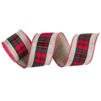 China 2.5 Inch Wired Edge Plaid Burlap Ribbon for Christmas Present Wrapping and Floral Bows for sale