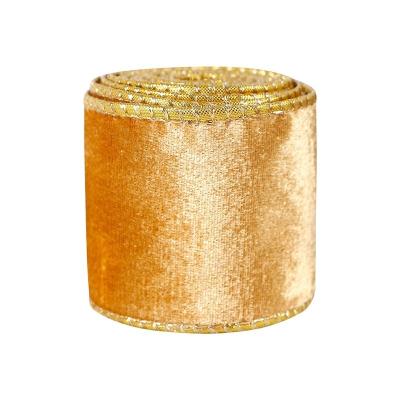 China Wire Edge Velvet Ribbon 6.3 cm Gold Merry Christmas Decoration for Seasonal Packaging for sale