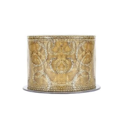 China Christmas Wired Edge Glitter Burlap Ribbon Wire Roll Gold Christmas Design Custom Logo for sale